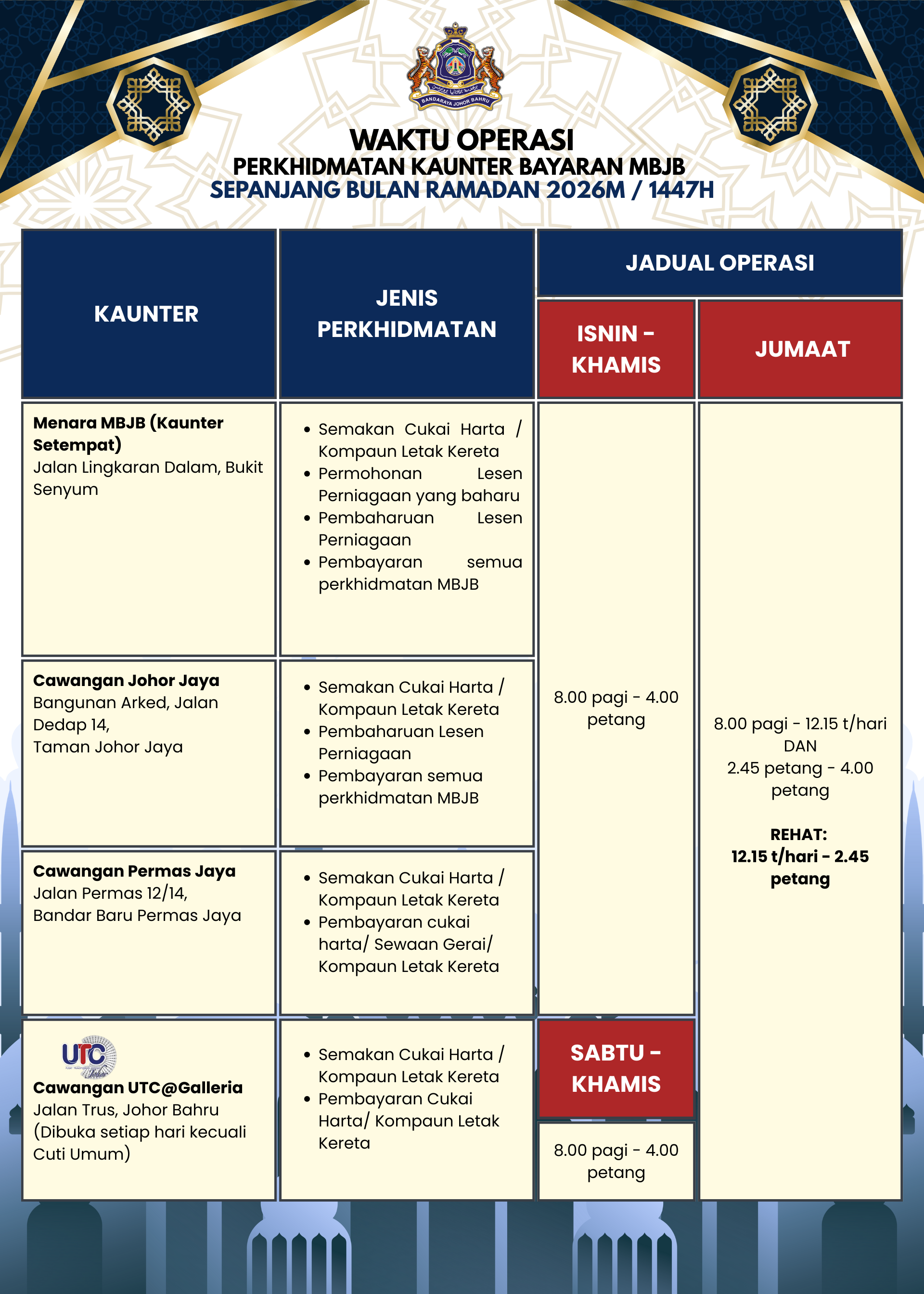 Makluman : Jadual Operasi Perkhidmatan Kaunter Bayaran MBJB Sepanjang ...