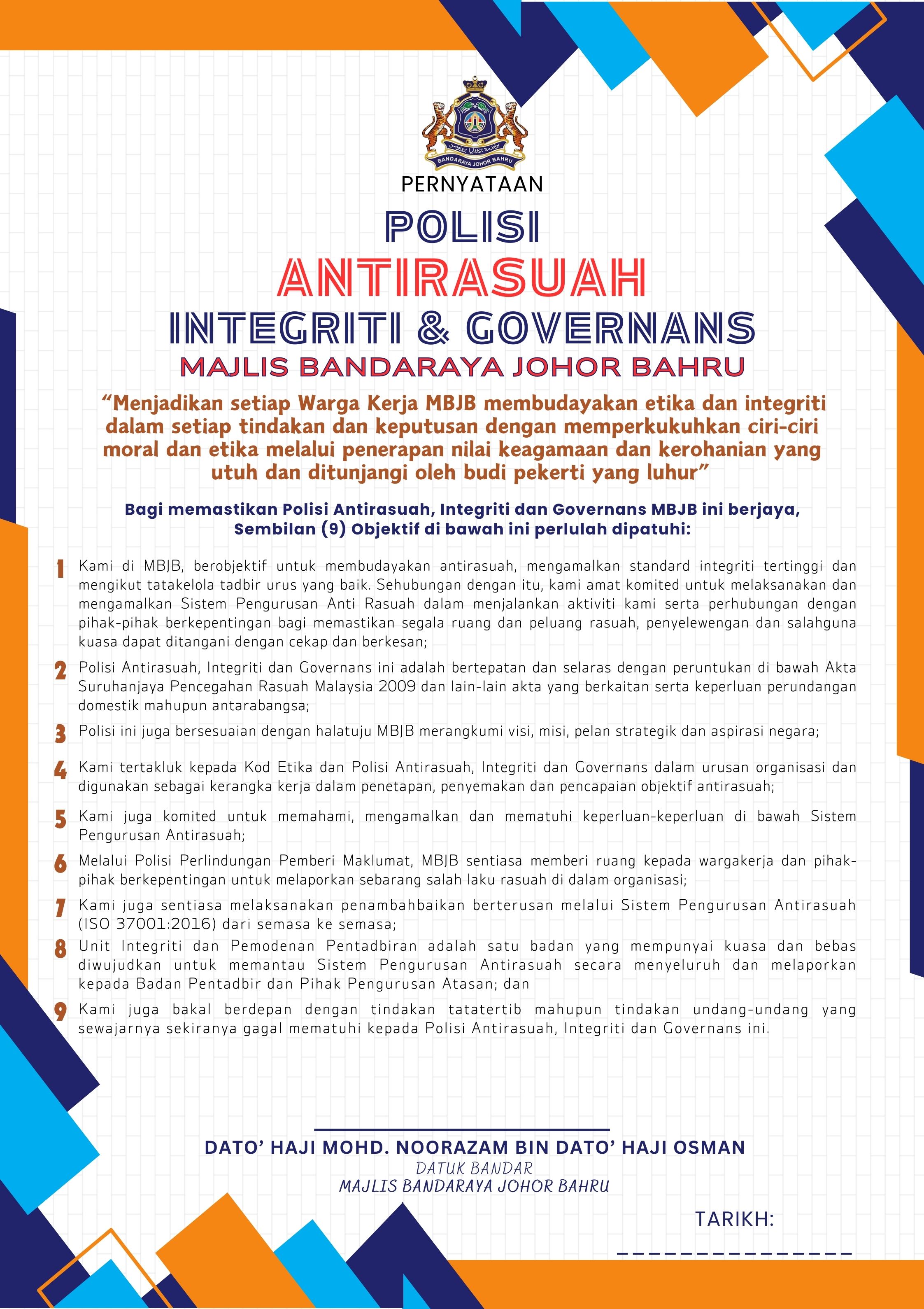 Pernyataan Polisi Anti Rasuah | Portal Rasmi Majlis Bandaraya Johor Bahru